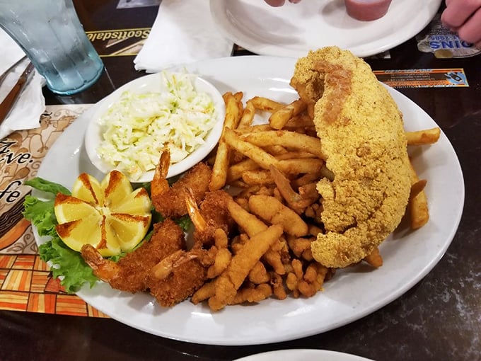 Golden-fried seafood and crispy fries prove this cafe knows its way around more than just breakfast. Photo credit: 5th Avenue Cafe