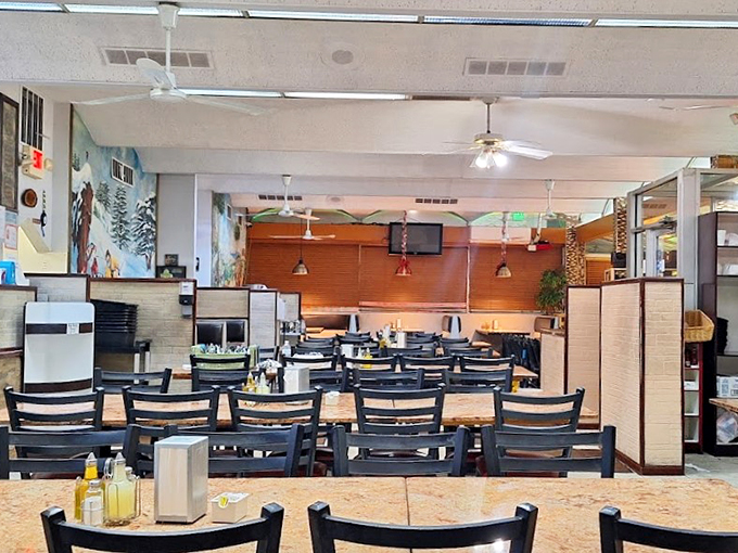 Clean lines, comfortable seating, and those charming winter murals create the perfect setting for memorable meals.