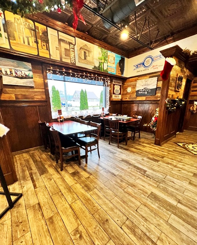 Wood-paneled walls and holiday lights create the kind of cozy corner where breakfast could easily turn into lunch.