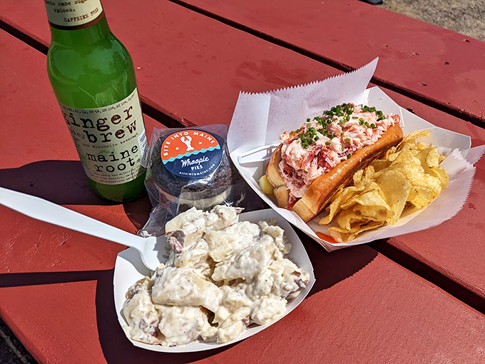 The complete Maine experience: A perfect lobster roll, crispy chips, and locally crafted ginger brew on a sun-warmed picnic table. Photo credit: Anna Cammayo