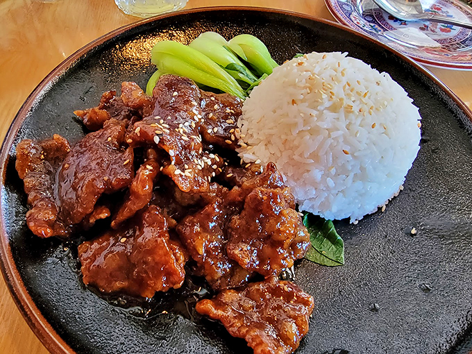 Glistening Mongolian beef shares the plate with pristine rice, a classic combo that never goes out of style.
