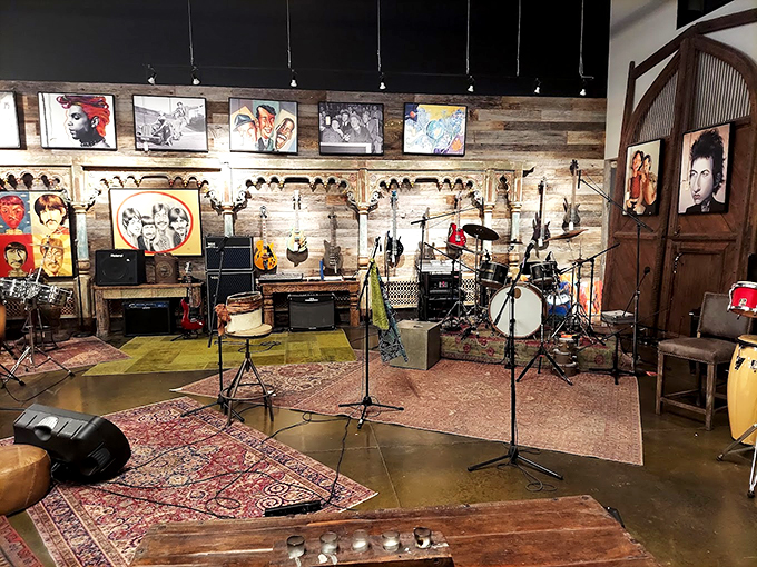Rock on! This musical corner hits all the right notes, from vintage guitars to pop art portraits. It's a symphony of style for your eyes and ears. Photo credit: brad meduna
