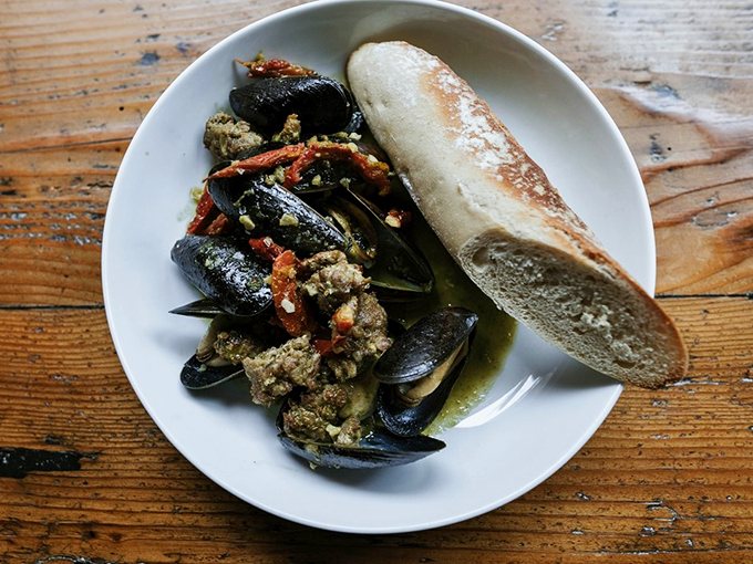 Local mussels bathed in aromatic broth, with bread standing by for the inevitable moment you need to soak it all up.