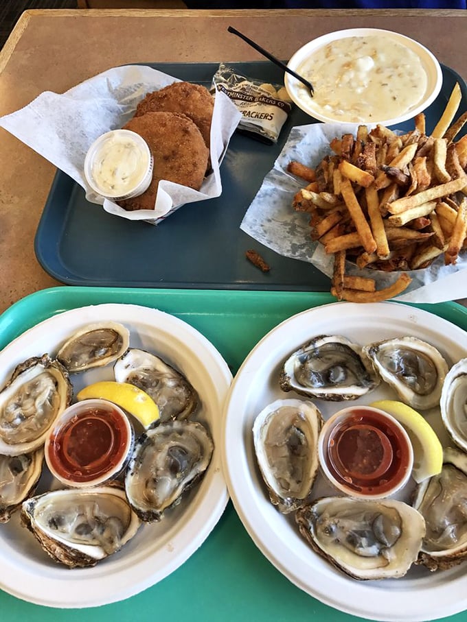 Fresh oysters lounging on ice, waiting to transport you to that perfect oceanside moment.
