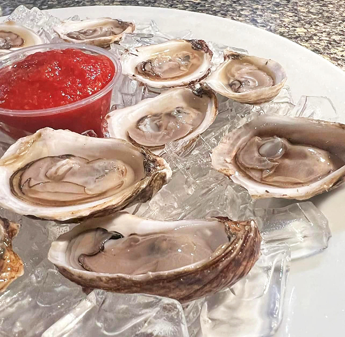 Fresh oysters on ice, pristine as winter snow, with cocktail sauce standing by like a faithful companion.