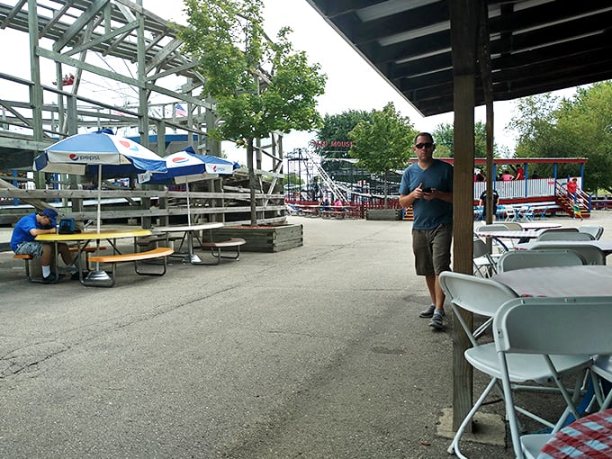 Picnic paradise meets thrill central. This shaded oasis is perfect for refueling between rides or watching the world spin by.