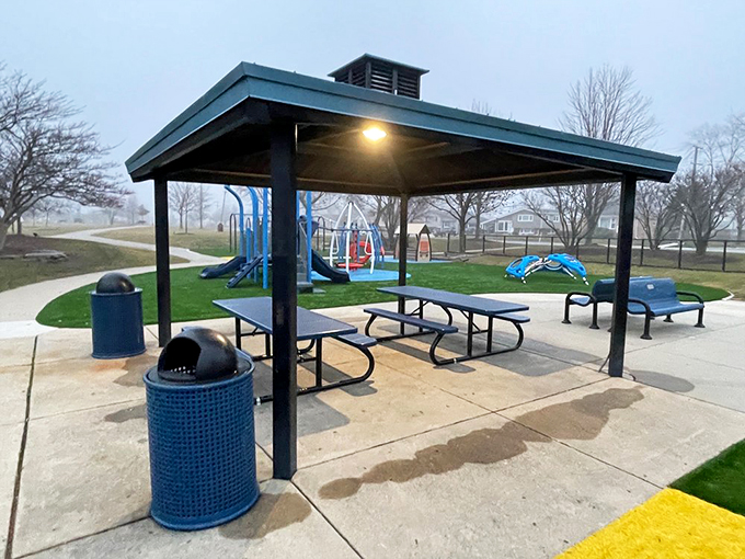 Modern playground equipment and sheltered picnic areas create the perfect setup for family outings and memorable afternoons.