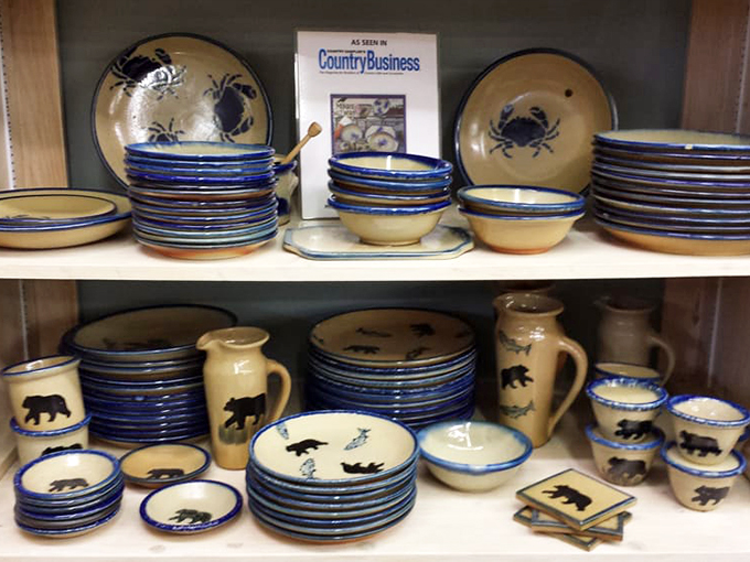 Bear-themed pottery and rustic dinnerware capture Maine's wilderness spirit in every carefully crafted piece.