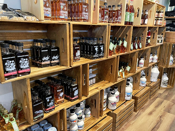 The maple shrine: where Vermont's sweetest export gets the royal treatment in bottles of every size and style.