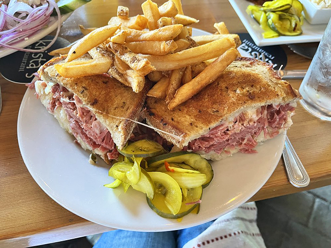 A Reuben sandwich that's piled higher than a Maine snowbank, with house-made sauerkraut adding that perfect tang.