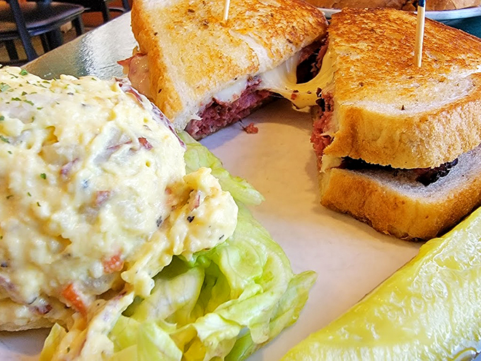 The star of the show: a perfectly grilled Reuben with potato salad that puts ordinary sandwiches to shame.