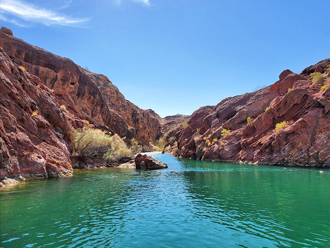 Mother Nature's own art gallery: where fiery red rocks meet cool blue waters in a masterpiece of contrasts. 
