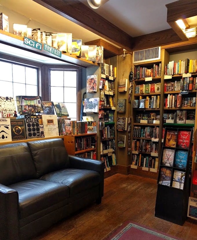 The sci-fi corner's leather couch invites you to boldly go where many readers have contentedly gone before.