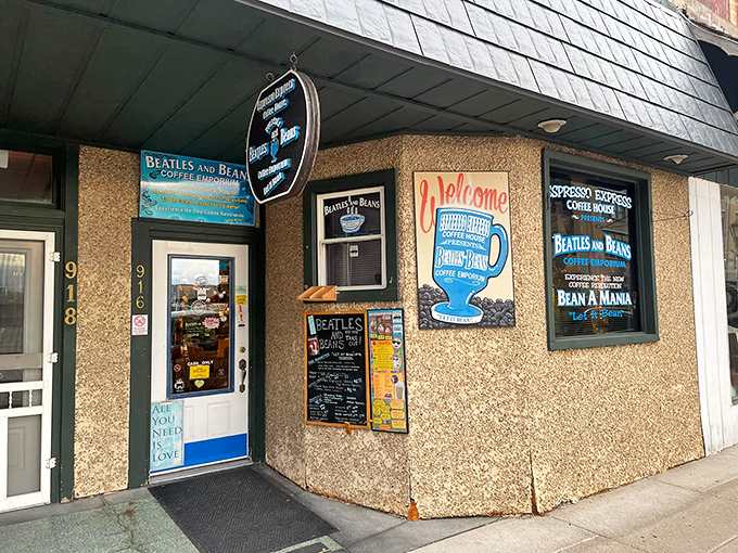 The blue cup welcomes visitors like an old friend, while "All You Need Is Love" reminds us what really matters.