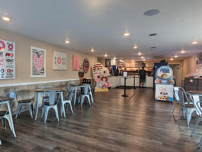 Donut-themed decor that's sweeter than sugar. This dining area is like stepping into a cartoon world where calories are just a myth
