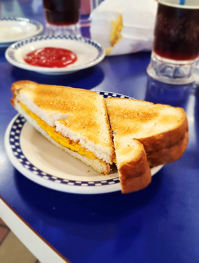 Grilled cheese perfection meets blue plate special! This golden-brown beauty is comfort food's poster child, ready for its close-up.