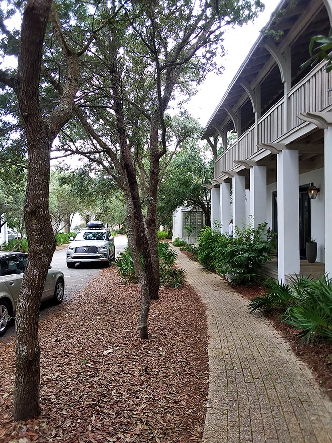 Oak trees stand guard over brick pathways, creating natural archways that frame each step through this coastal paradise.