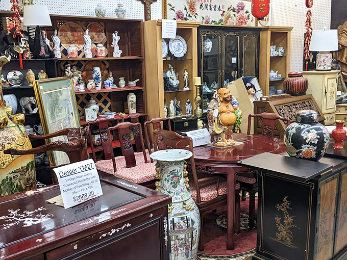 East meets West in this cultural cocktail of ceramics. It's like a UN summit for vases, where every piece is vying for attention.