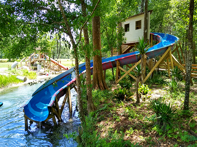 Part water slide, part jungle cruise. This twisting blue marvel is like Indiana Jones meets your childhood slip-n-slide dreams. Photo credit: Joe S