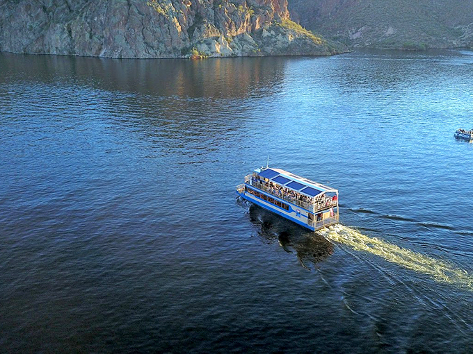 Bird's eye bliss! From up here, the Desert Belle looks like a toy boat in nature's ultimate bathtub &ndash; talk about making a splash!