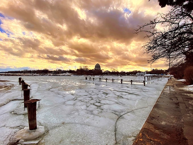 Winter's icy grip: Gillson Harbor transformed into a frozen wonderland, proving that beach season is just a state of mind.