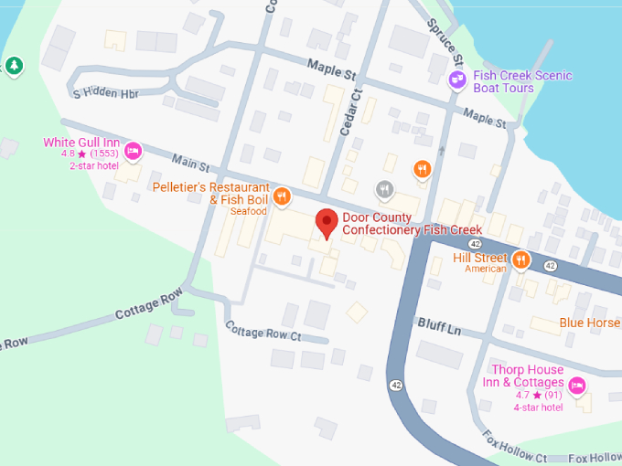 15 door county confectionery fish creek, fish creek map