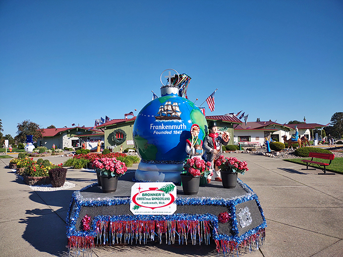 Frankenmuth's finest float – because nothing says "Christmas" quite like a giant ornament on wheels!
