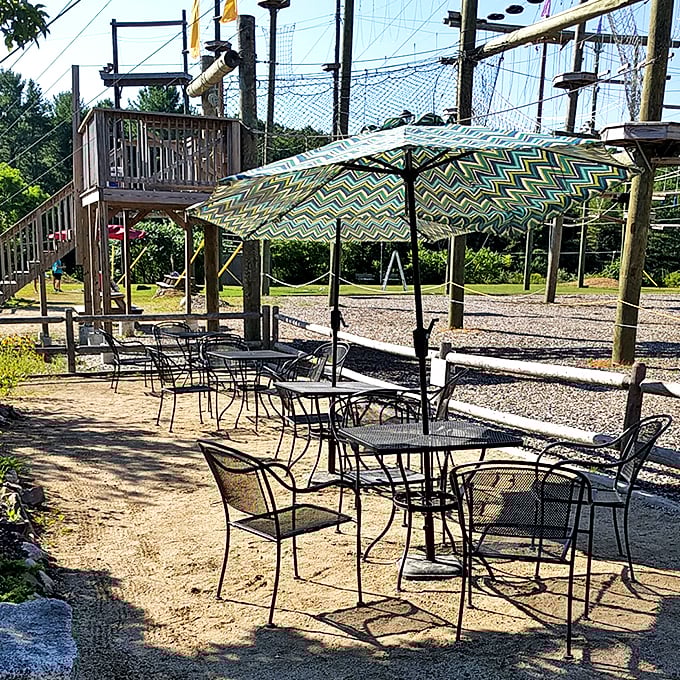 After conquering the heights, earthbound pleasures await. These tables aren't just for resting &ndash; they're for regaling tales of aerial derring-do (and catching your breath).