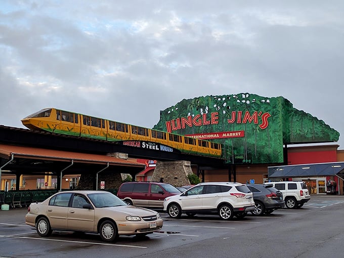 Even the parking lot screams "adventure awaits" with that iconic jungle facade and monorail car greeting every food explorer.