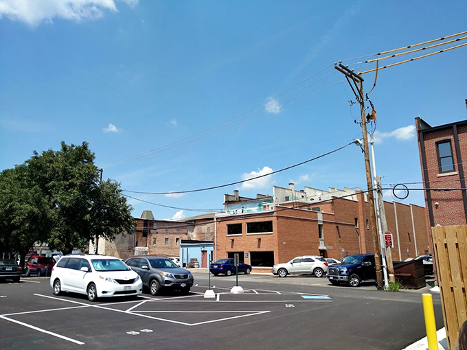Parking with a view! Even the lot outside the museum offers a glimpse into Lancaster's glass-making legacy.