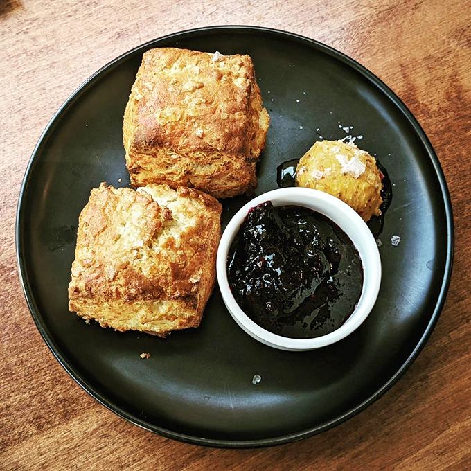 Flaky, buttery biscuits that could make a Southerner weep with joy, served with house-made preserves.