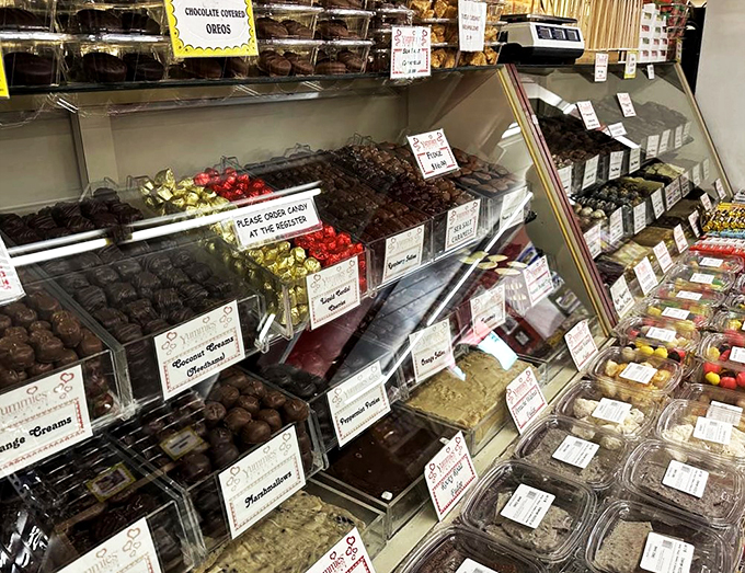 From marshmallows to orange creams, this display case is like a museum where sampling is encouraged.