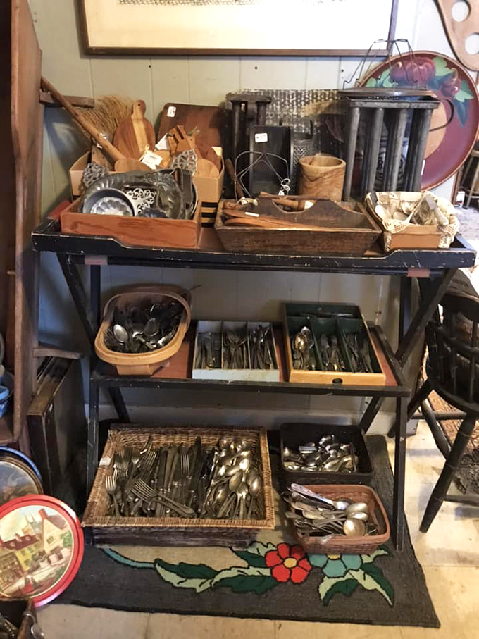 Organized chaos reigns in this collection of vintage silverware and serving pieces, each with its own patina of history.