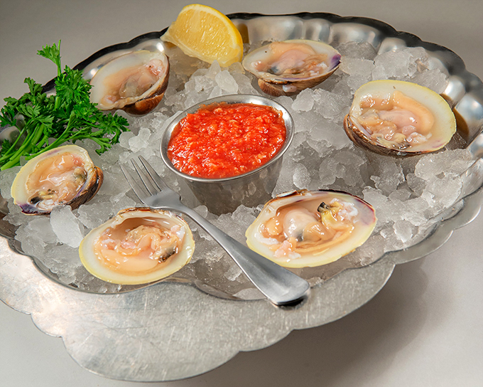 These little fellas are ready for their close-up! Fresh, briny, and served on ice &ndash; it's an ocean freshness party on a plate.