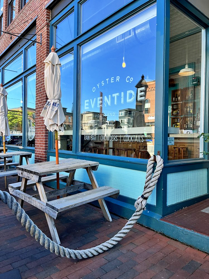 Eventide's entrance: where the sidewalk ends and your seafood journey begins. Step inside and let the tide of flavors sweep you away.