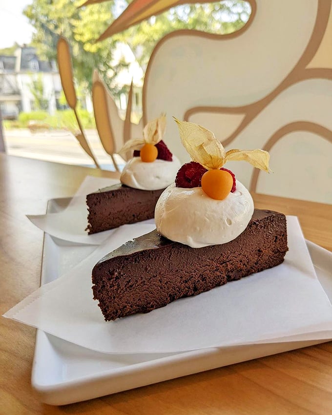 Chocoholics Anonymous, your meeting place is here. This flourless chocolate mousse cake is darker than a moonless night and twice as dreamy.