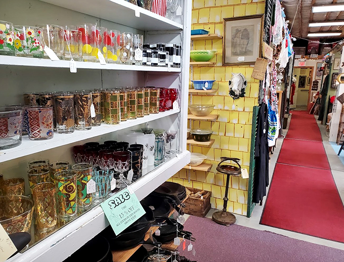 Vintage drinking glasses line up like soldiers, each ready to serve up a dose of nostalgia.