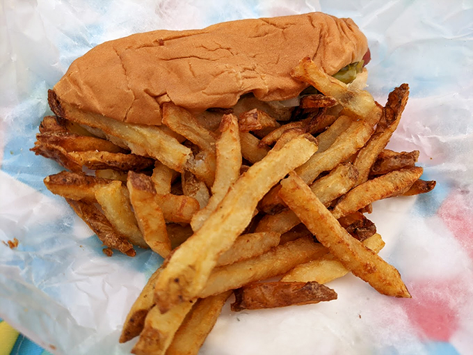 The classic combo that launched a thousand lunch breaks: crispy fries and a perfectly dressed dog.