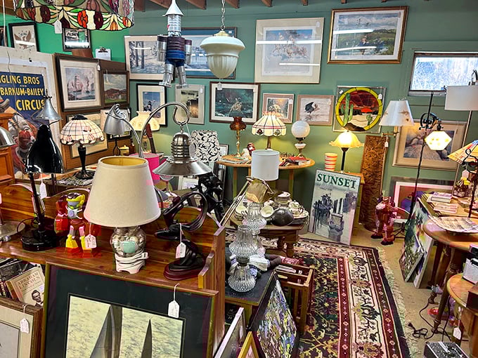 A lamp lover's paradise where Tiffany-style shades mingle with mid-century modern. Even Edison would be impressed! Photo credit: Fairfield Antique Mall