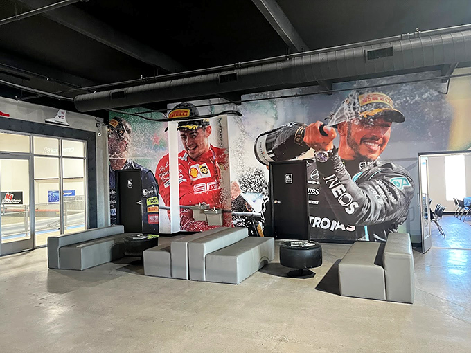 Champions are made here! This lobby, adorned with racing legends, sets the stage for your own victory lap.