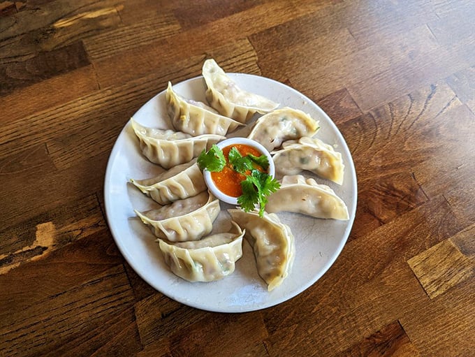 Another angle on these heavenly momos &ndash; because dumplings this good deserve a second look! Photo credit: Ching C.