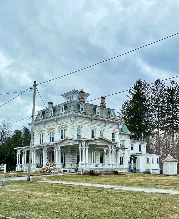Even from this angle, the Marble Mansion commands attention, its symmetrical beauty and historical significance standing proud against Vermont skies.