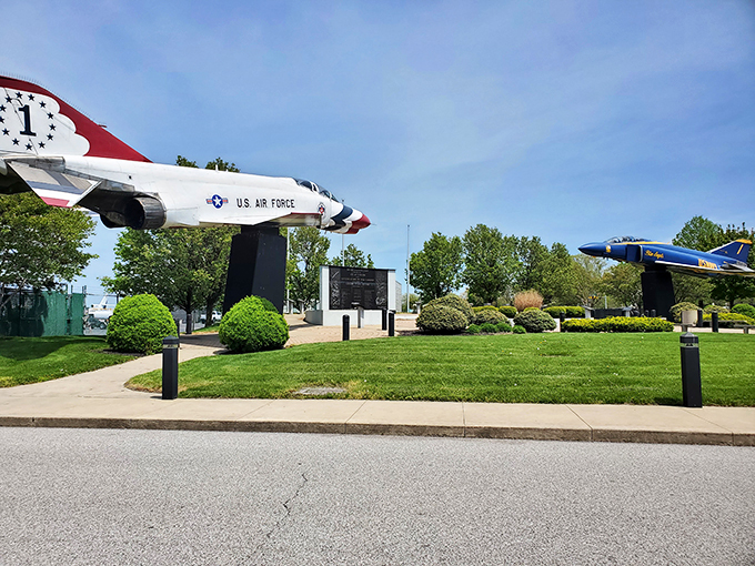 A dynamic duo of derring-do! These retired fighters stand sentinel, guarding the dreams of future pilots.