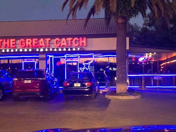 When the sun sets, The Great Catch glows like a welcoming lighthouse for hungry souls.