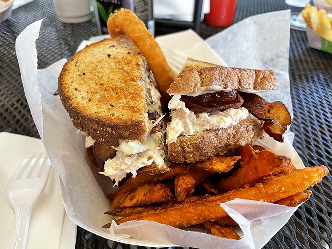 Sweet potato fries and a hearty sandwich prove there's more to this seafood spot than just fish.