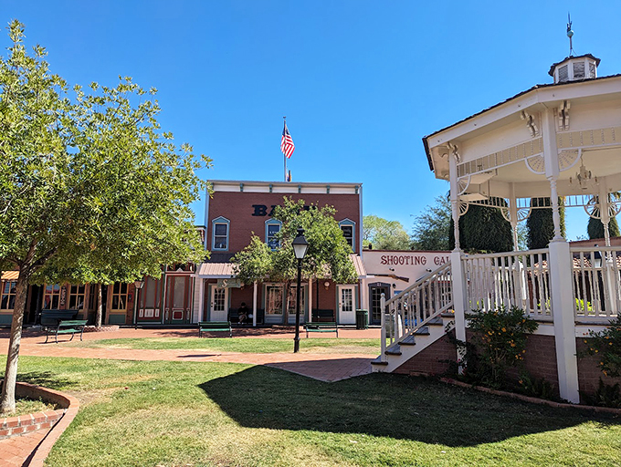 The Bank building stands proud against a brilliant blue Arizona sky, its historic facade perfectly preserved.