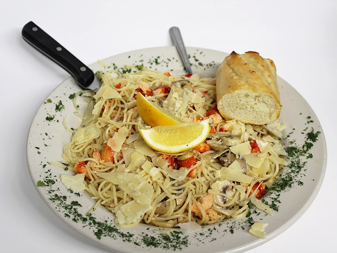 Pasta that's having a beach party with lobster, shrimp, and enough garlic to keep vampires out of Lewiston.