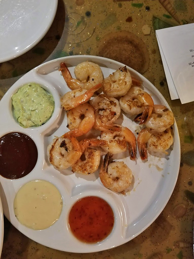Perfectly grilled shrimp with an array of dipping sauces. Because even breakfast spots know how to do seafood right in Maine. Photo credit: Abhijyot Das