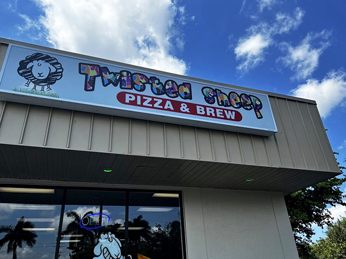The colorful sign promises pizza and brew, but the whimsical sheep mascot hints at the creative twists waiting inside.