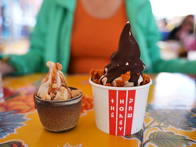 Two towers of soft serve stand like edible architecture, proving dessert can be both whimsical and sophisticated. Photo credit: Jamie O.